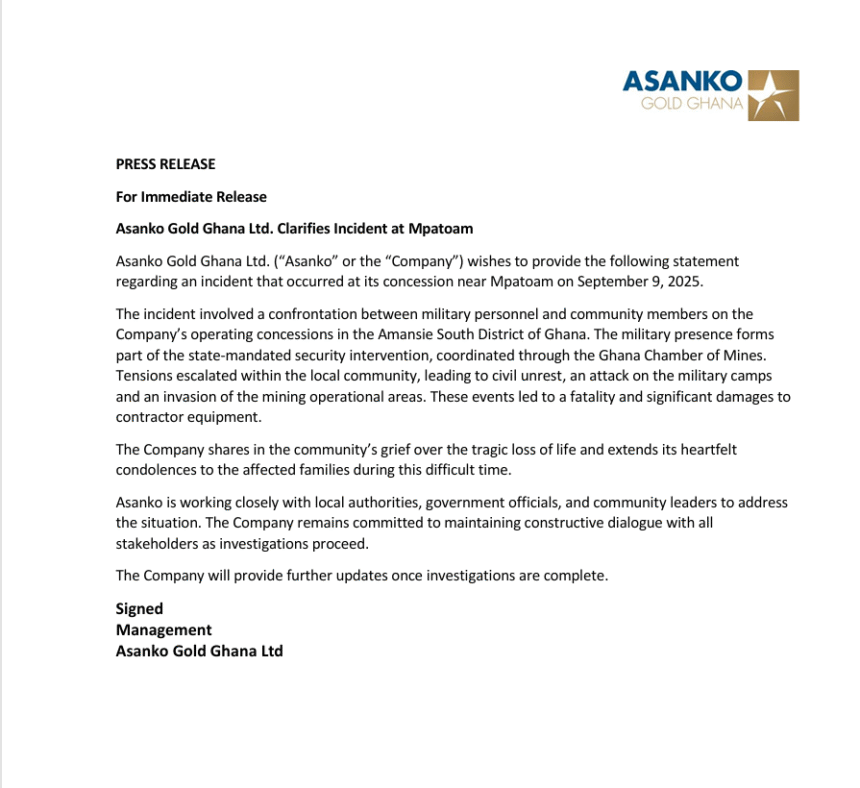 Asanko Gold Mine expresses condolences after fatal clash at Mpatuam ...
